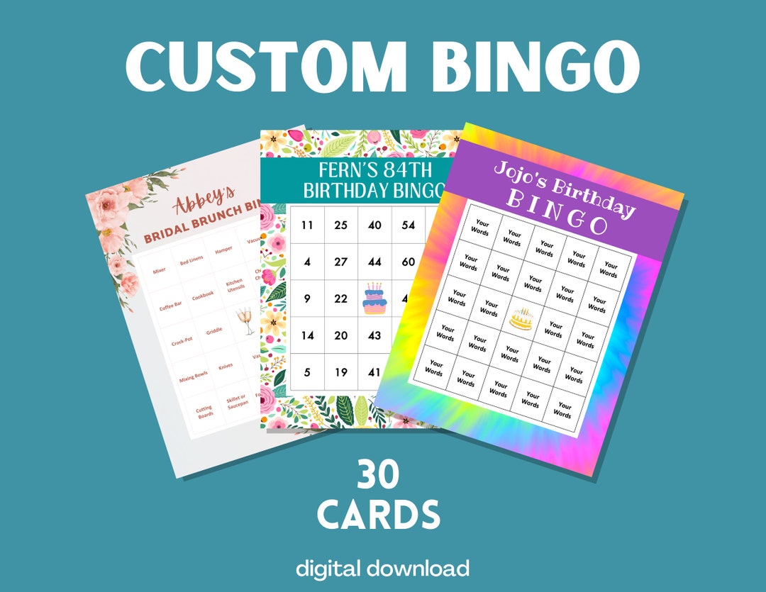 30 Custom Bingo Cards Digital Download Bingo Cards for Birthday ...