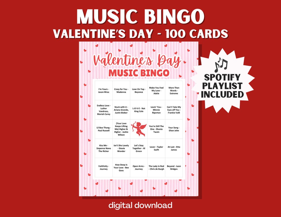Valentine’s Day Music Bingo Game – 100 Unique Cards With Spotify ...