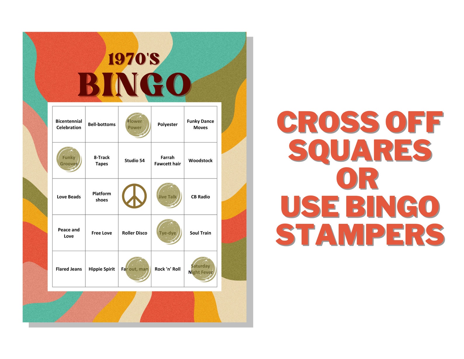 1970's Bingo 70's Theme Party 30 Unique Groovy 70s Bingo Cards Digital ...