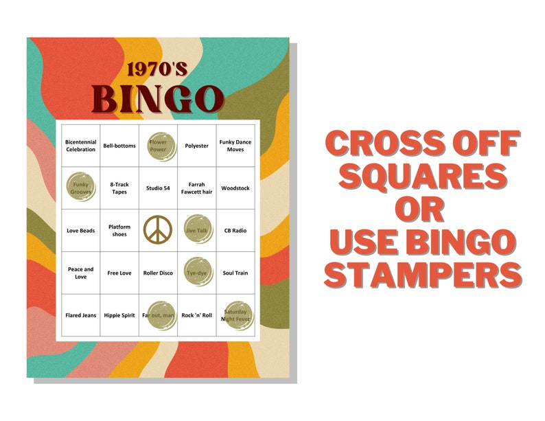 Retro 70s Groovy Bingo Cards: 30 Cards for Nostalgic Theme Parties ...