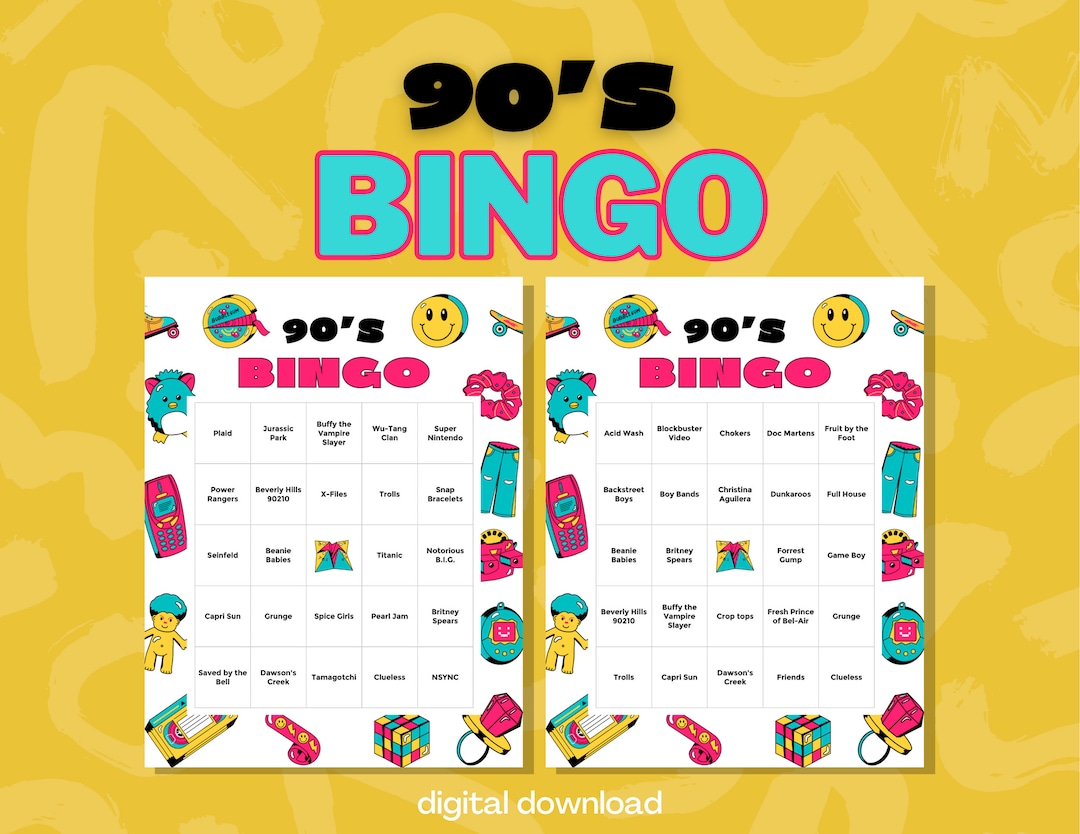 1990's Bingo - Full of 90's Nostalgia - up to 30 Players - 30 Unique ...