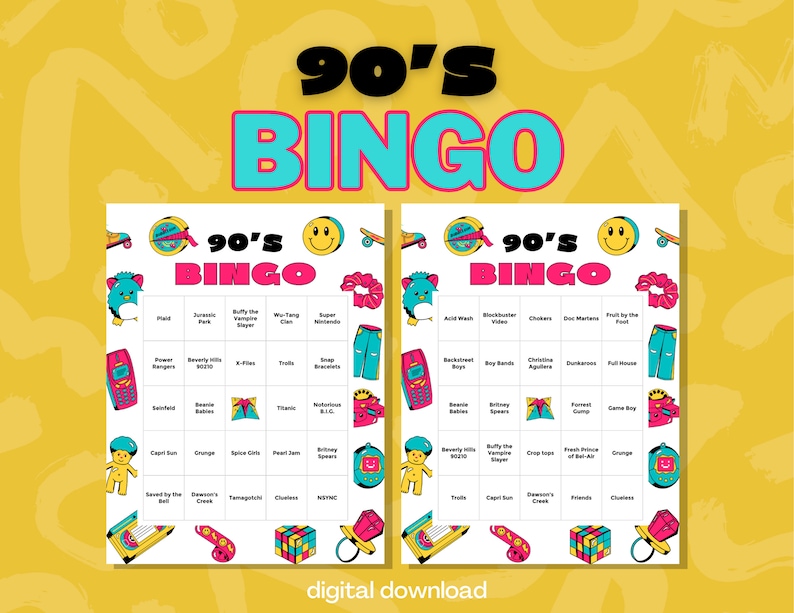 1990's Bingo - Full of 90's Nostalgia - up to 30 Players - 30 Unique ...