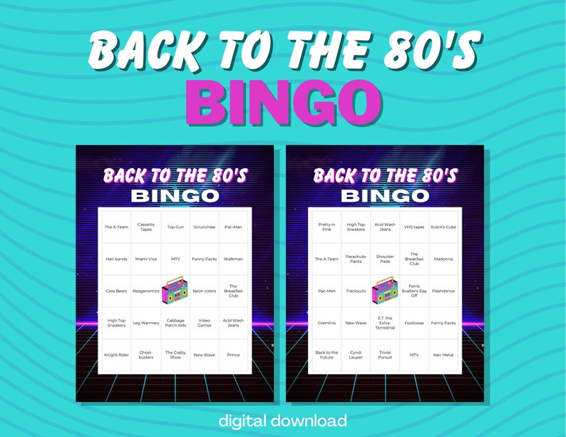 1980's Bingo Back to the 80's up to 30 Players 30 Unique Cards Digital ...