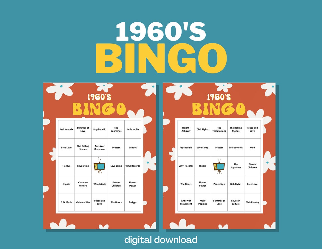 1960's Bingo | 60's Theme Party | 30 Unique Flower Power 60s Bingo ...