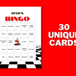 1950's Bingo | 50's Theme Party | 30 Unique Nostalgic 50s Bingo Cards ...