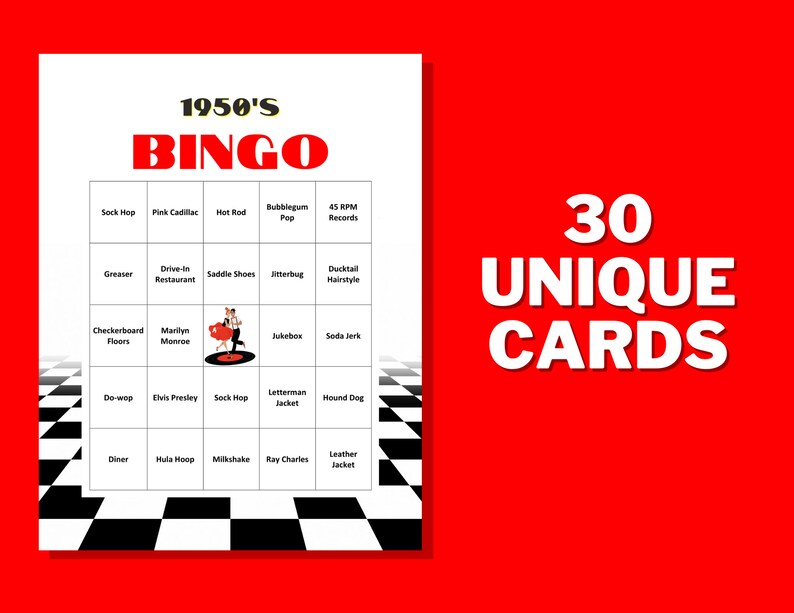 1950's Bingo | 50's Theme Party | 30 Unique Nostalgic 50s Bingo Cards ...
