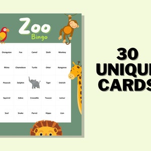 Zoo Bingo Game - Zoo Animal Party Activity - up to 30 Players - 30 ...