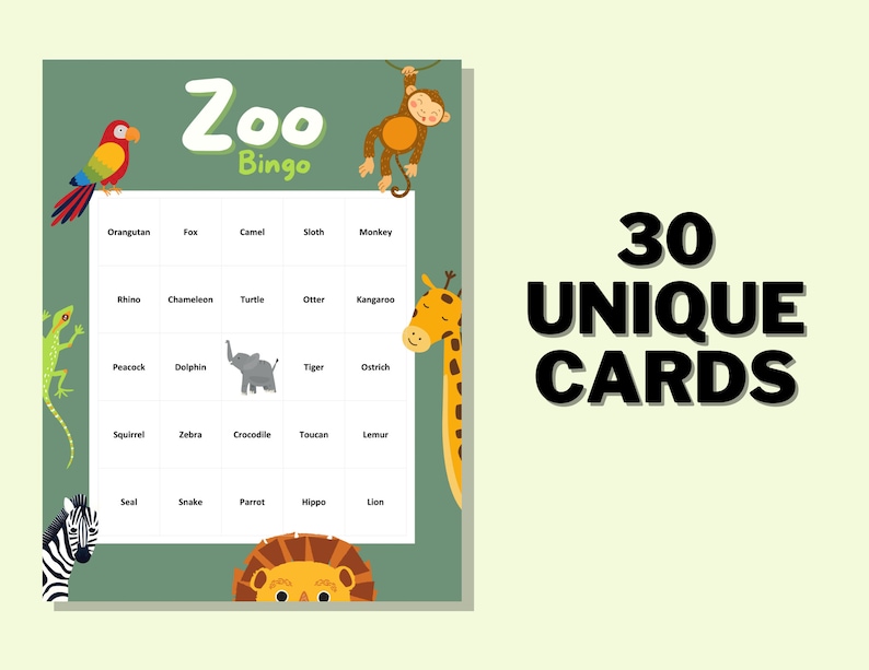 Zoo Bingo Game - Zoo Animal Party Activity - up to 30 Players - 30 ...