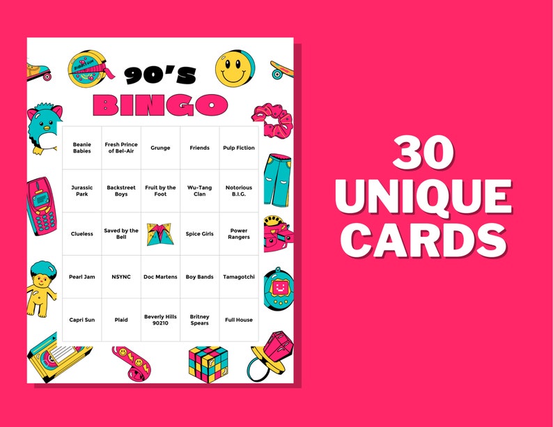 1990's Bingo Full of 90's Nostalgia up to 30 Players 30 Unique Cards ...