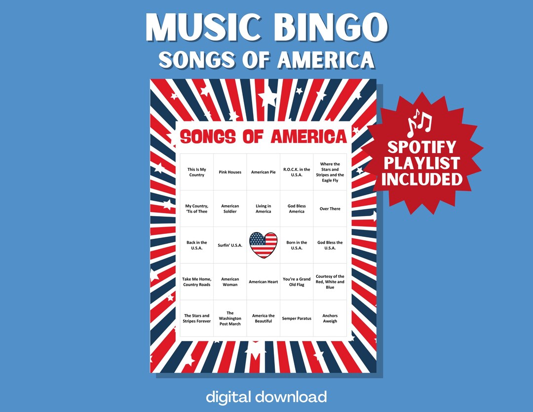 Patriotic Songs of America Bingo: 30 Printable Cards With Playlist (PDF ...