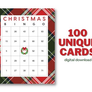 Christmas Bingo With Numbers 100 Unique Cards Plaid Theme Digital ...