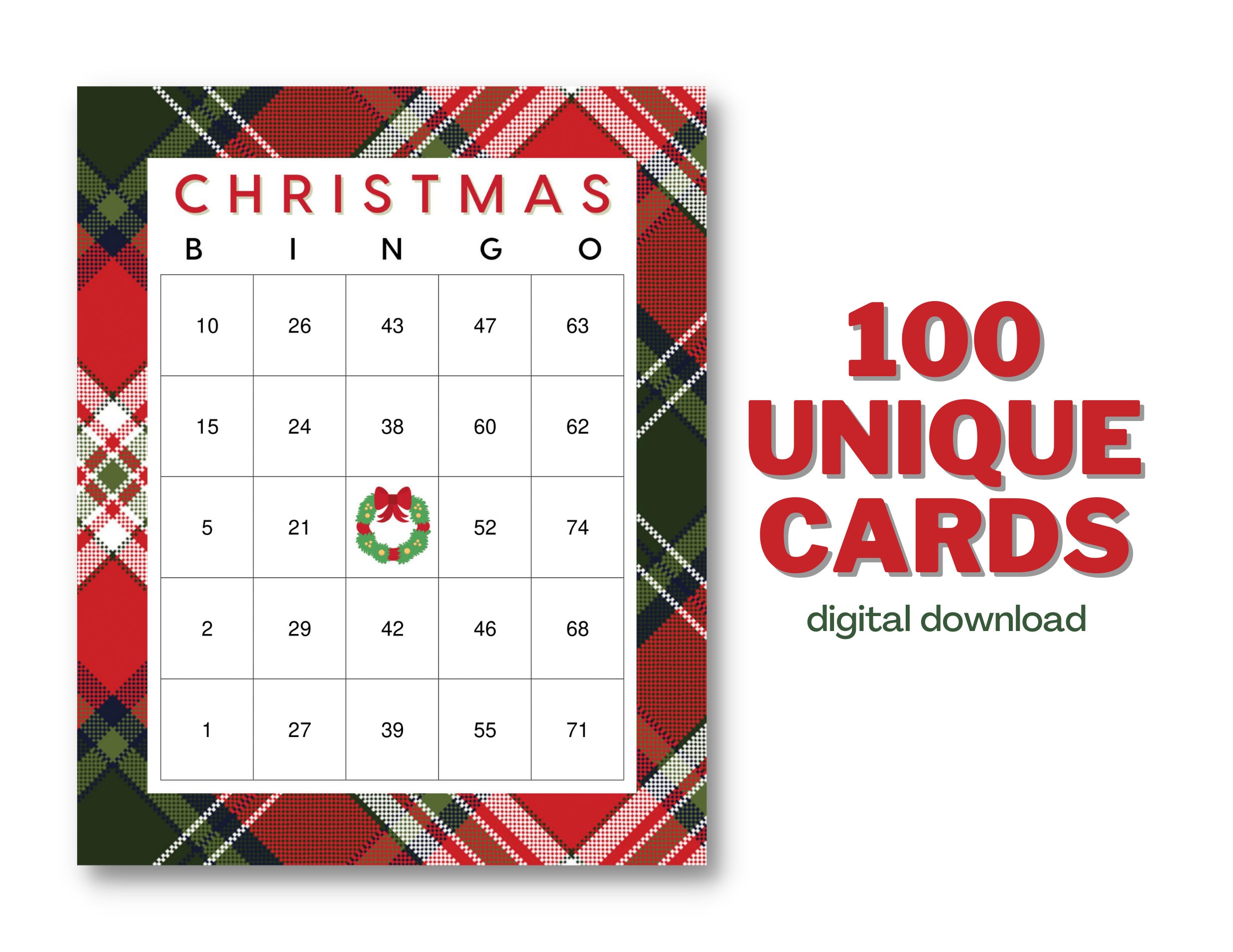 Christmas Bingo With Numbers 100 Unique Cards Plaid Theme Digital ...
