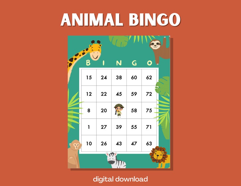 Zoo Animal Themed Bingo Game 100 Printable Cards Fun Wildlife Design ...