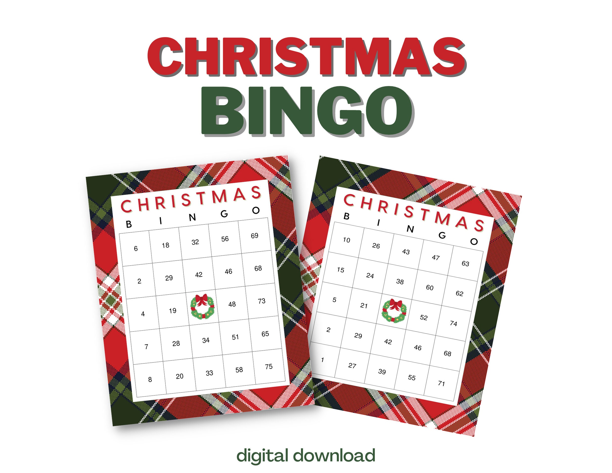 Christmas Bingo With Numbers 100 Unique Cards Plaid Theme Digital ...