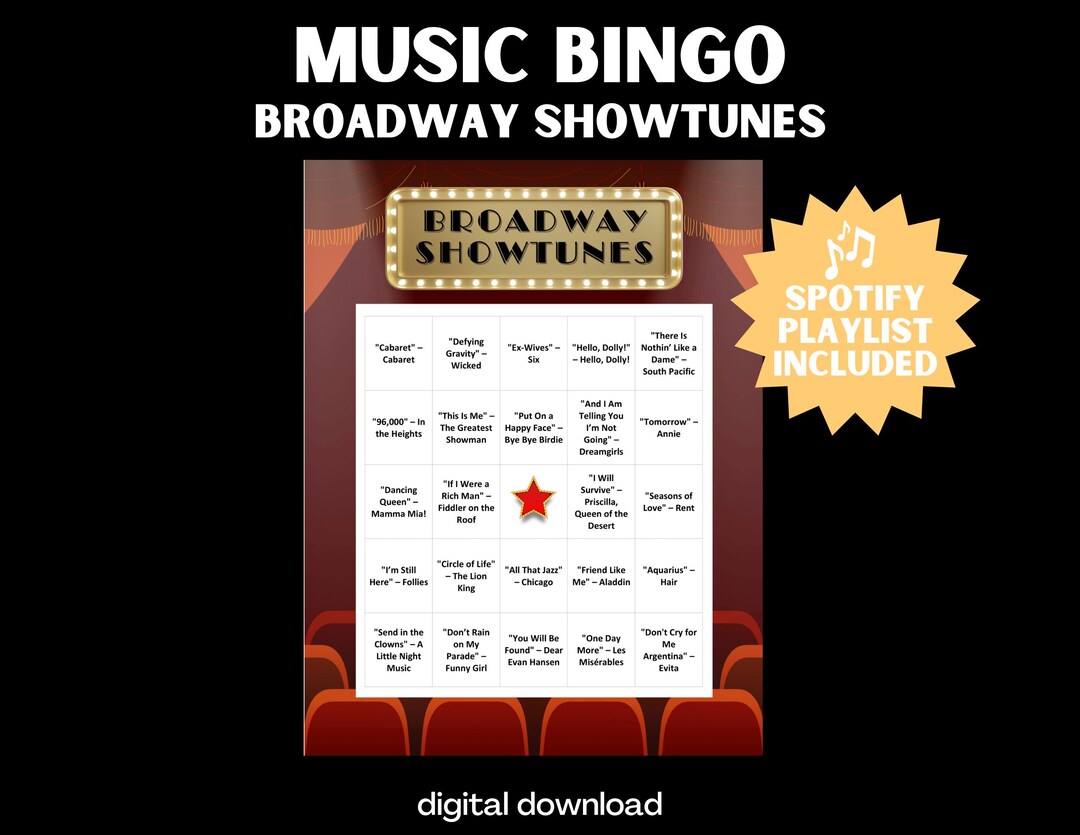 Broadway Showtunes Music Bingo Game – 30 Unique Cards With Sing-along ...