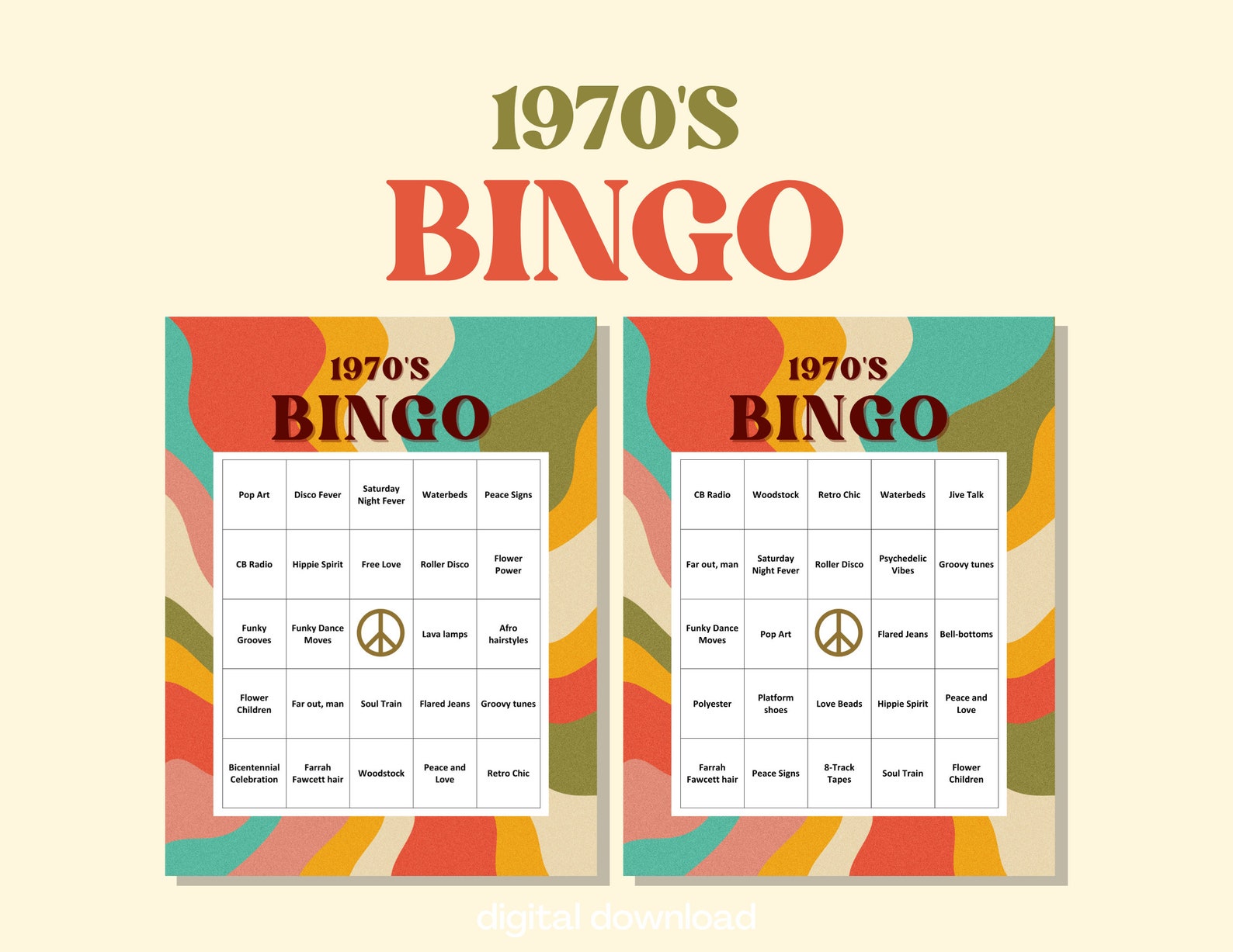 Retro 70s Groovy Bingo Cards: 30 Cards for Nostalgic Theme Parties ...