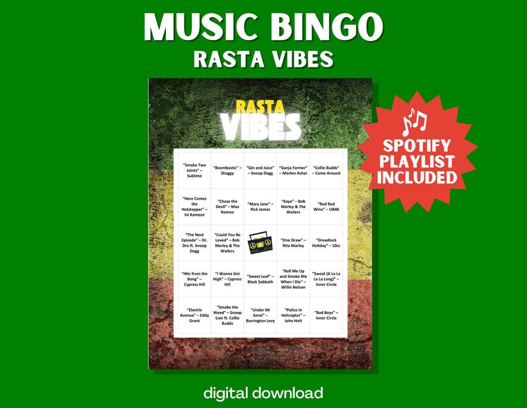 Reggae Music Bingo: 30 Printable Rasta Party Cards With Playlist (PDF ...