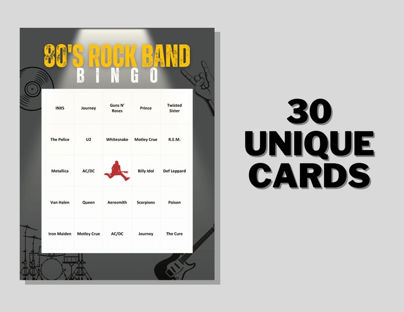 80's Rock Band Digital Bingo Game - 1980's Party Game - 30 Unique Cards ...