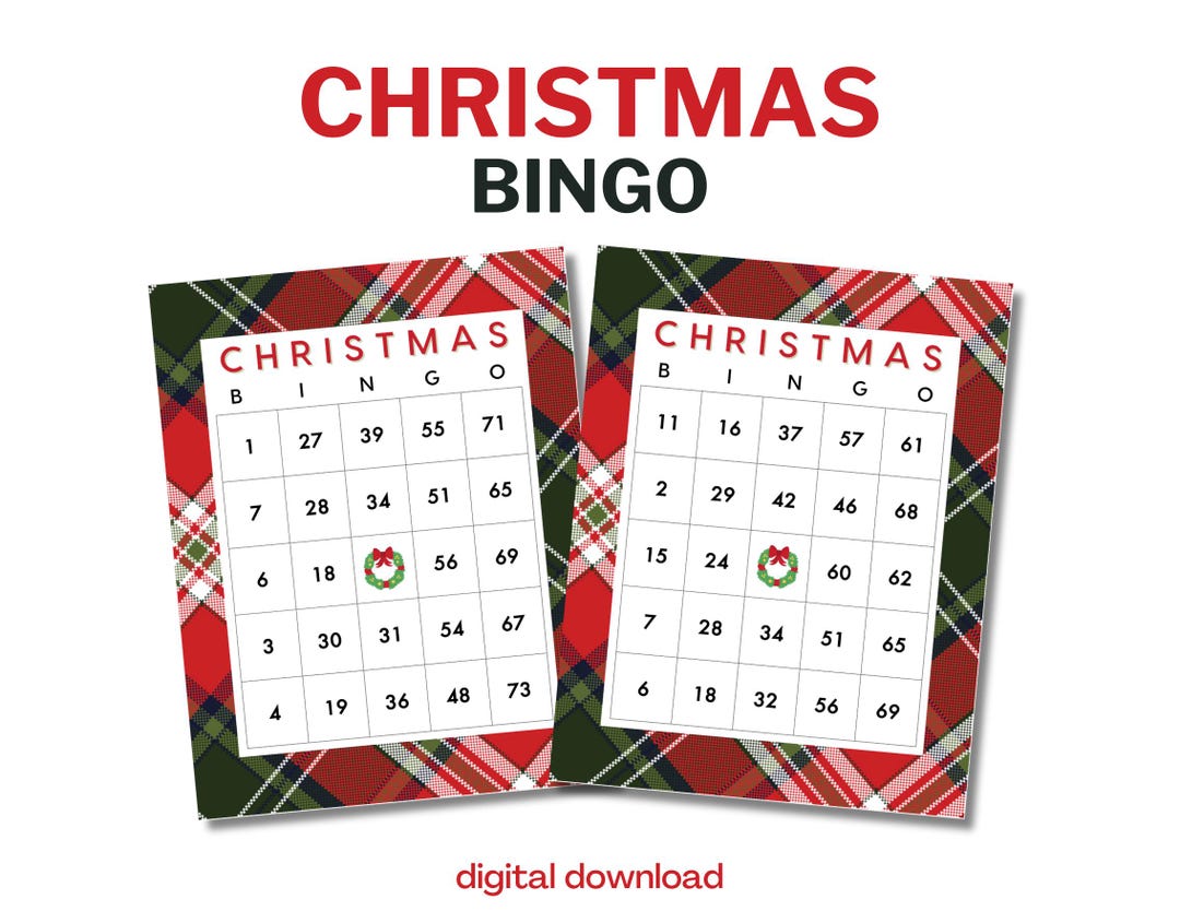 Christmas Bingo With Numbers - 100 Unique Cards - Plaid Theme - Digital ...