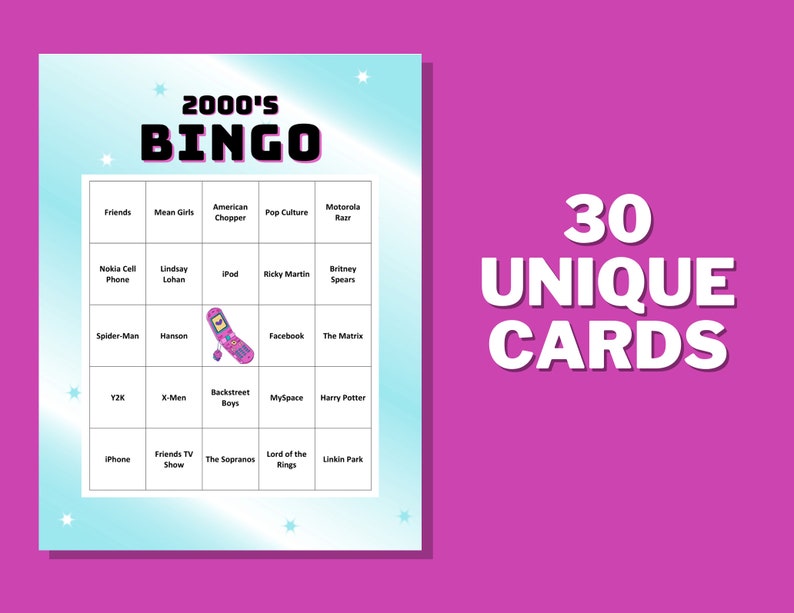 2000's Bingo - Full of 2000's Nostalgia - up to 30 Players - 30 Unique ...