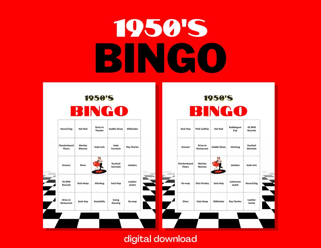 1950's Bingo | 50's Theme Party | 30 Unique Nostalgic 50s Bingo Cards ...