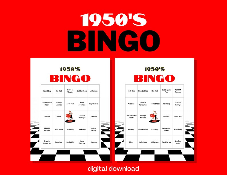 1950's Bingo | 50's Theme Party | 30 Unique Nostalgic 50s Bingo Cards ...