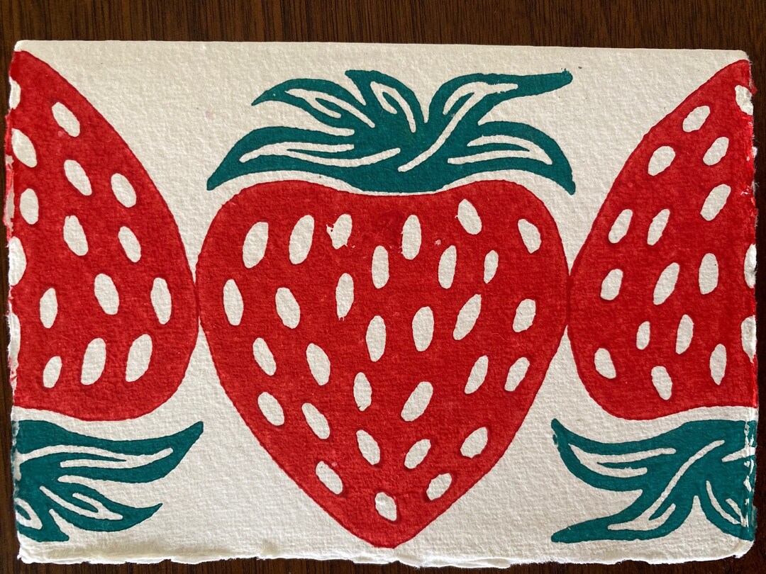 Hand Made Block Print Berry Red Strawberry Stationery Note Card Set of ...