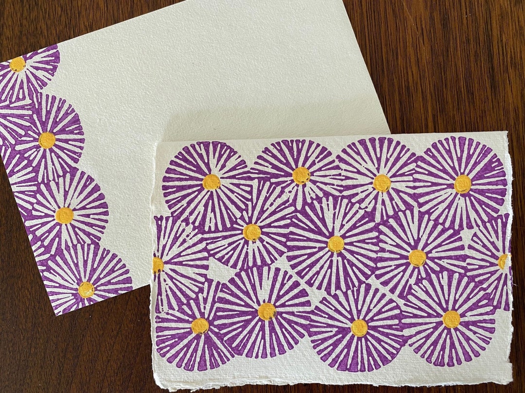 Hand Made Block Print Purple Wild Flower Daisy Print Stationery Note ...