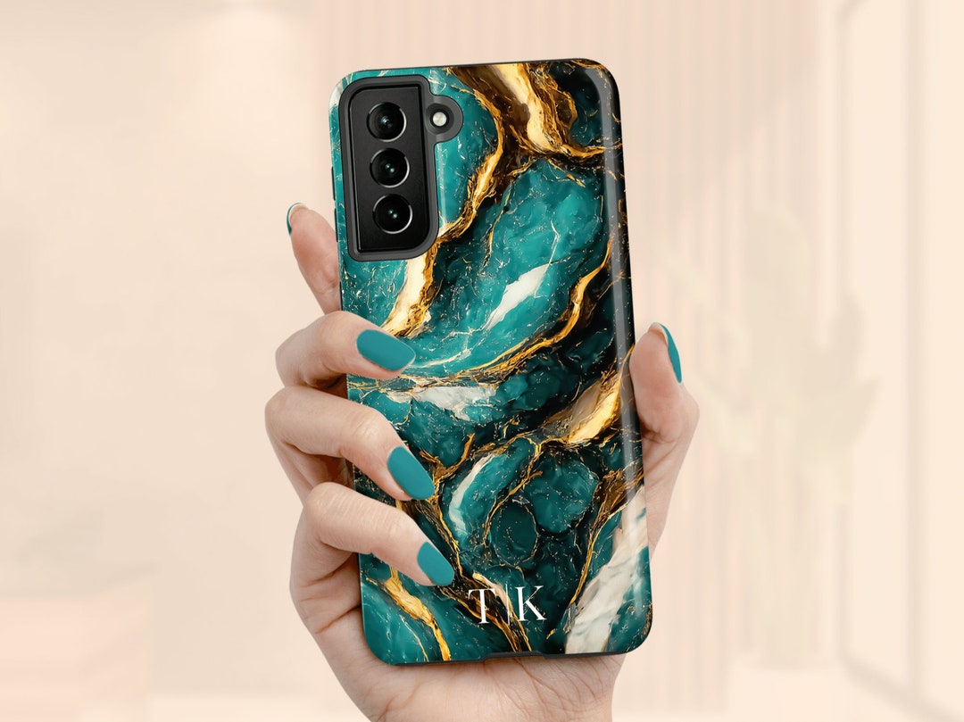 Custom Initials Galaxy S26 Ultra Teal Marble Case, Personalized Name ...