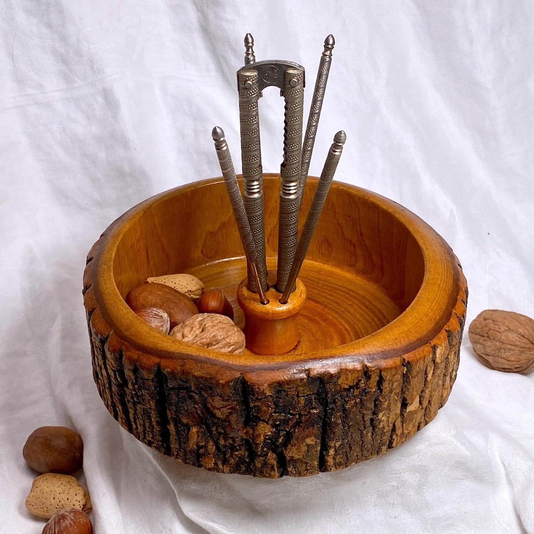 Live Edge Wood Nut Bowl With HMQ Nutcracker, 4 Picks and 1 Pound Nuts ...