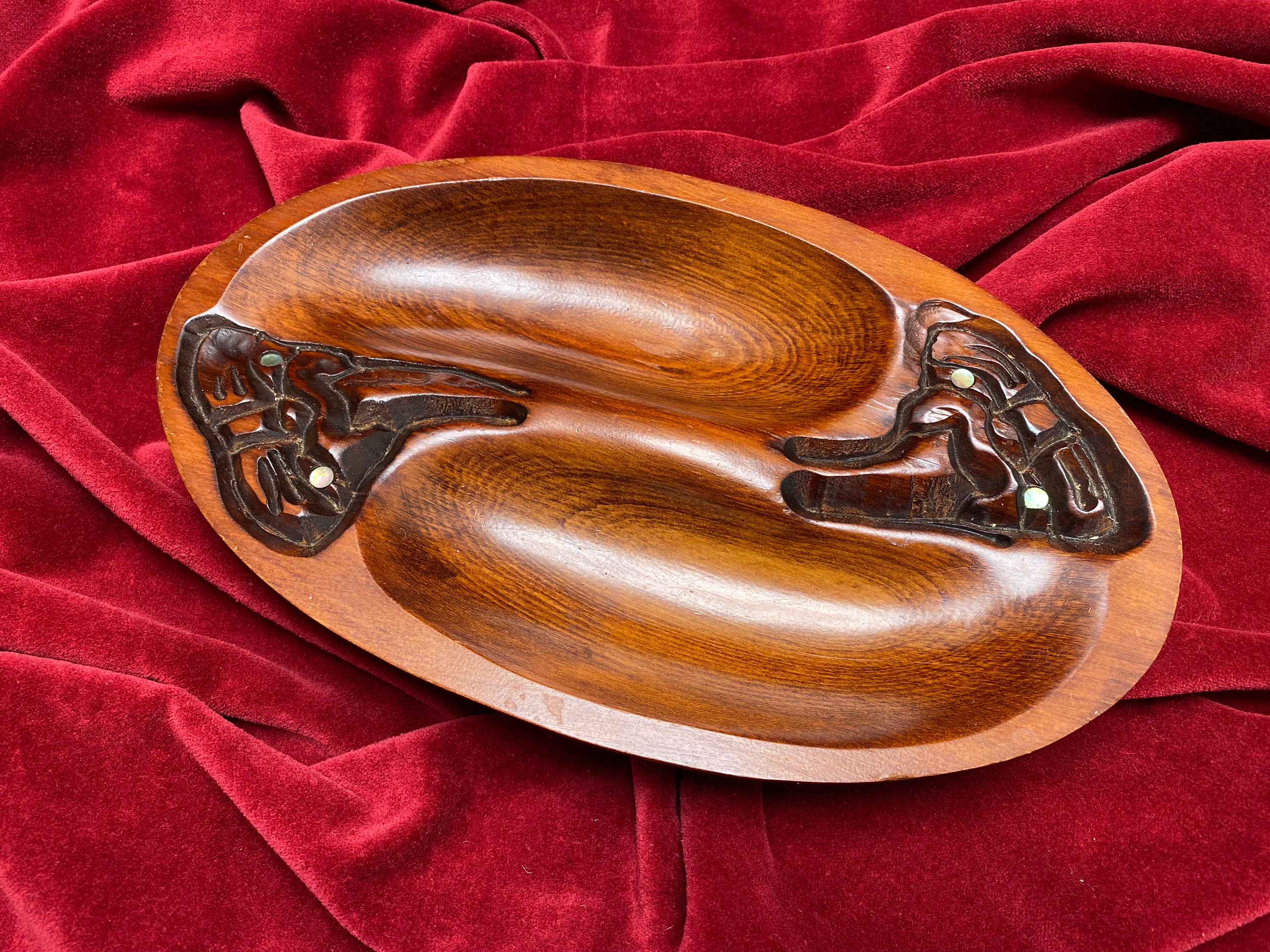 Hand Carved New Zealand Maori Wood Bowl With Paua abalone Shell Inlay ...