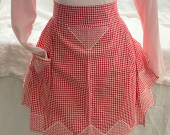 Vintage Red Gingham Apron With Chicken Scratch Embroidery, Hand Crafted ...