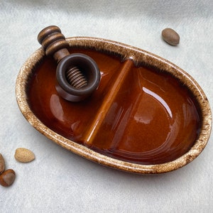 Nut Bowl Set With MCM Classic Hull Brown Drip Glaze Oval Bowl, Wooden ...