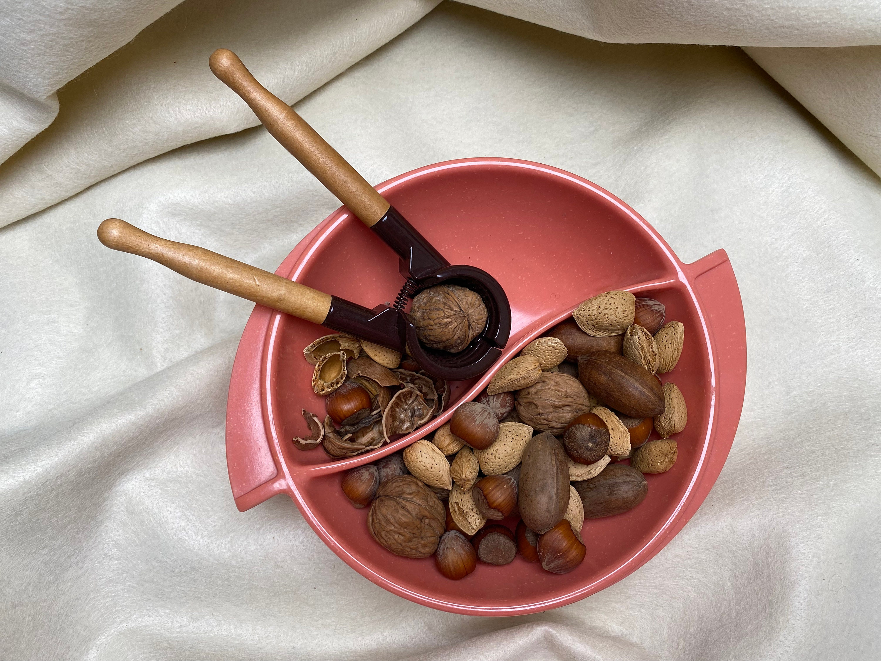 50's Coral Speckled Melamine Nut Bowl With Heavy Duty Nutcracker AND ...