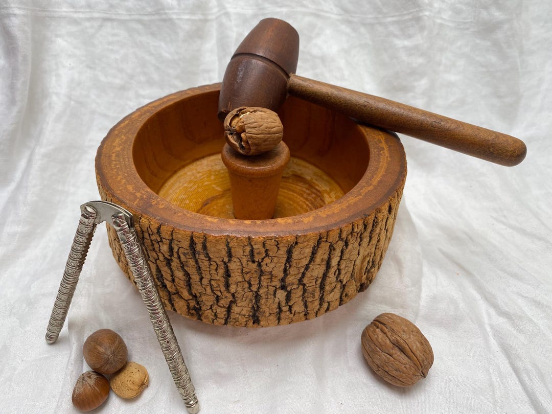 Classic Live Edge Wood Nut Bowl With Hammer, Nutcracker, and 1 Pound ...