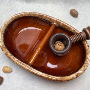 Nut Bowl Set With MCM Classic Hull Brown Drip Glaze Oval Bowl, Wooden ...