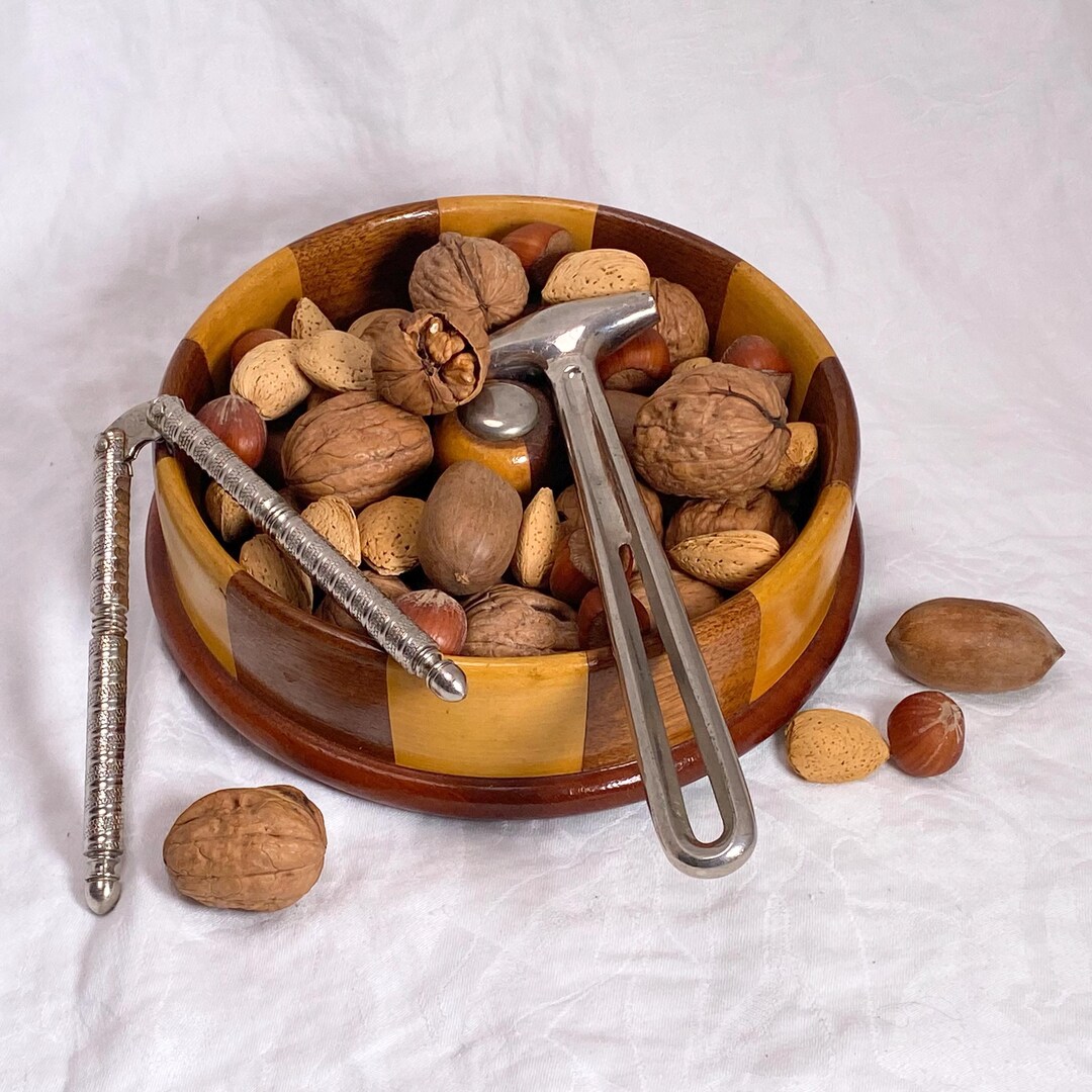 Hand Crafted, Segmented Light and Dark Wood Nut Bowl With Nut Hammer ...