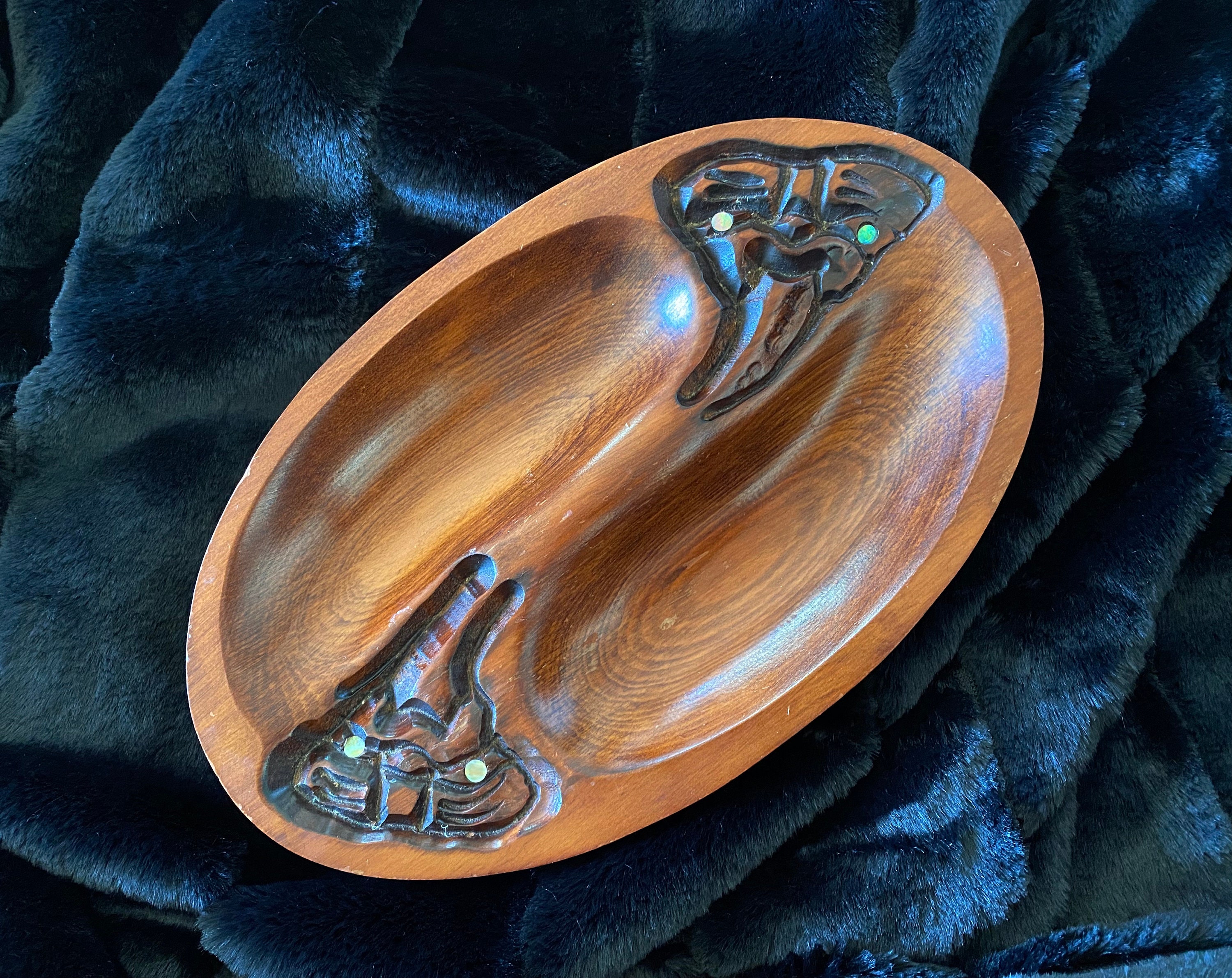 Hand Carved New Zealand Maori Wood Bowl With Paua abalone Shell Inlay ...