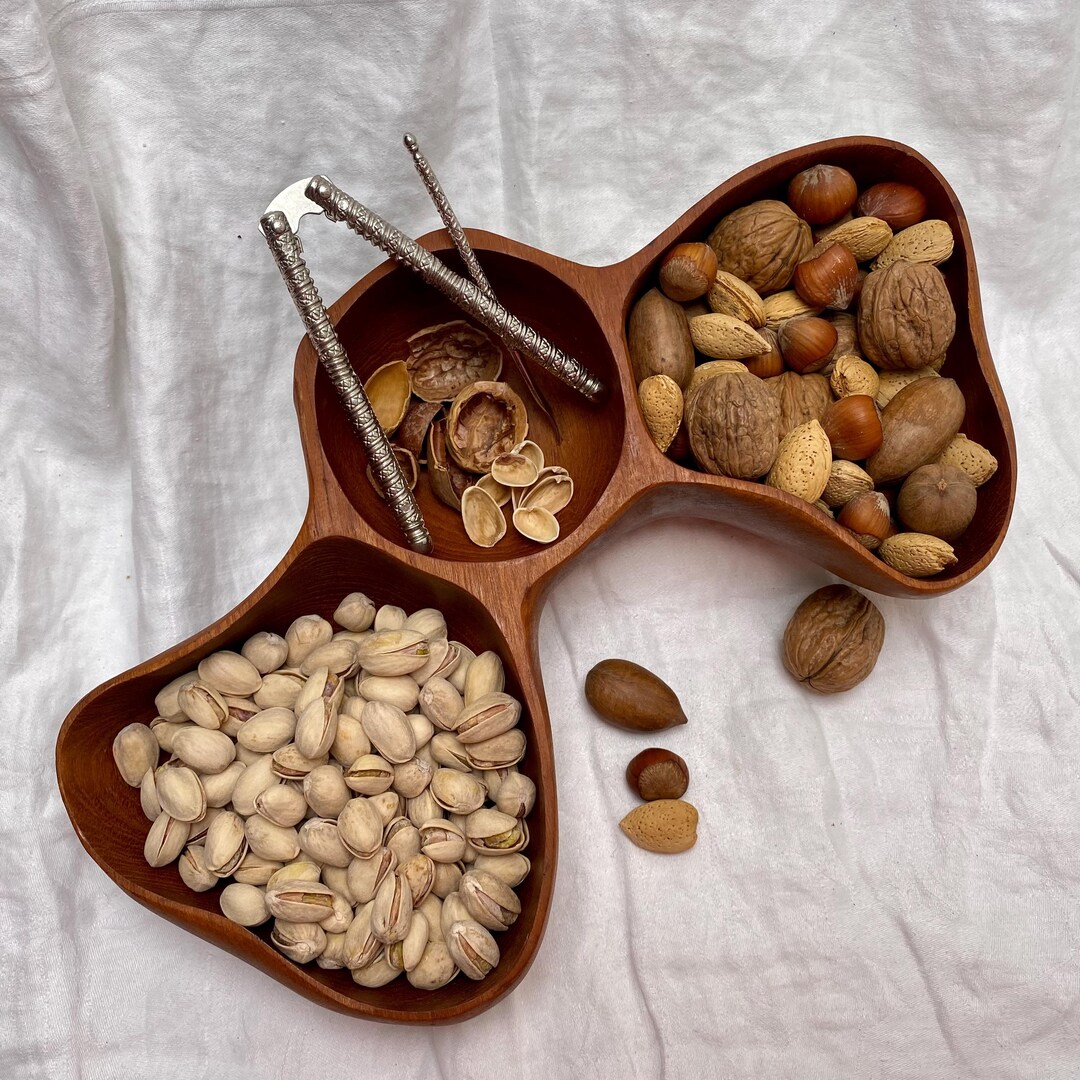 Nut Set, Mid Century 3 Section Wood Nut Bowl, Nutcracker, Nut Pick, and ...