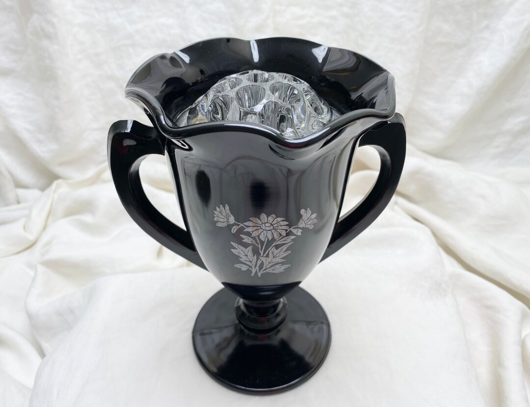 Black Amethyst Footed Trophy Vase With Clear Glass Flower Frog/floral ...