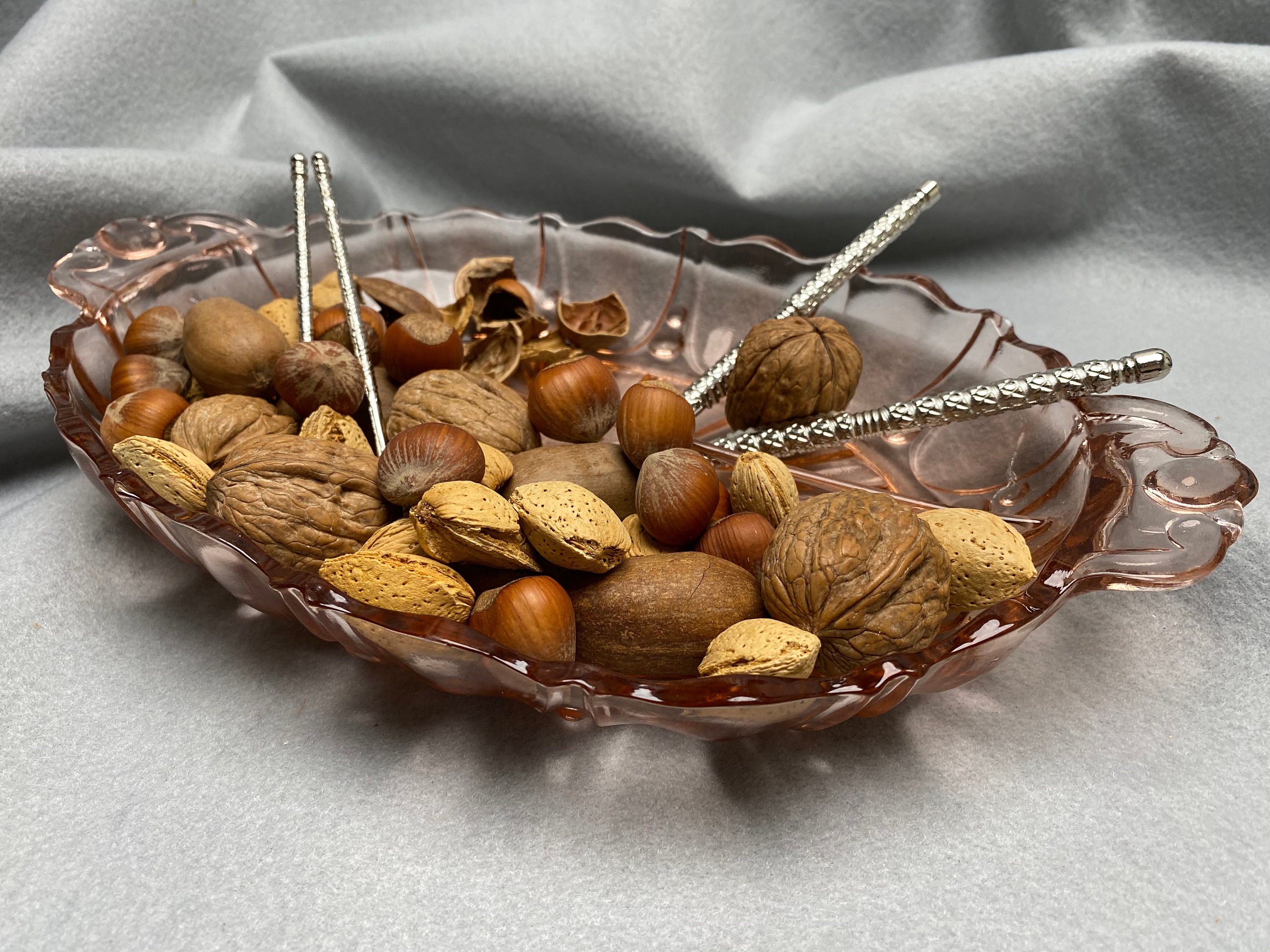 Pink Depression Glass Nut Set With Nut Cracker Picks AND - Etsy