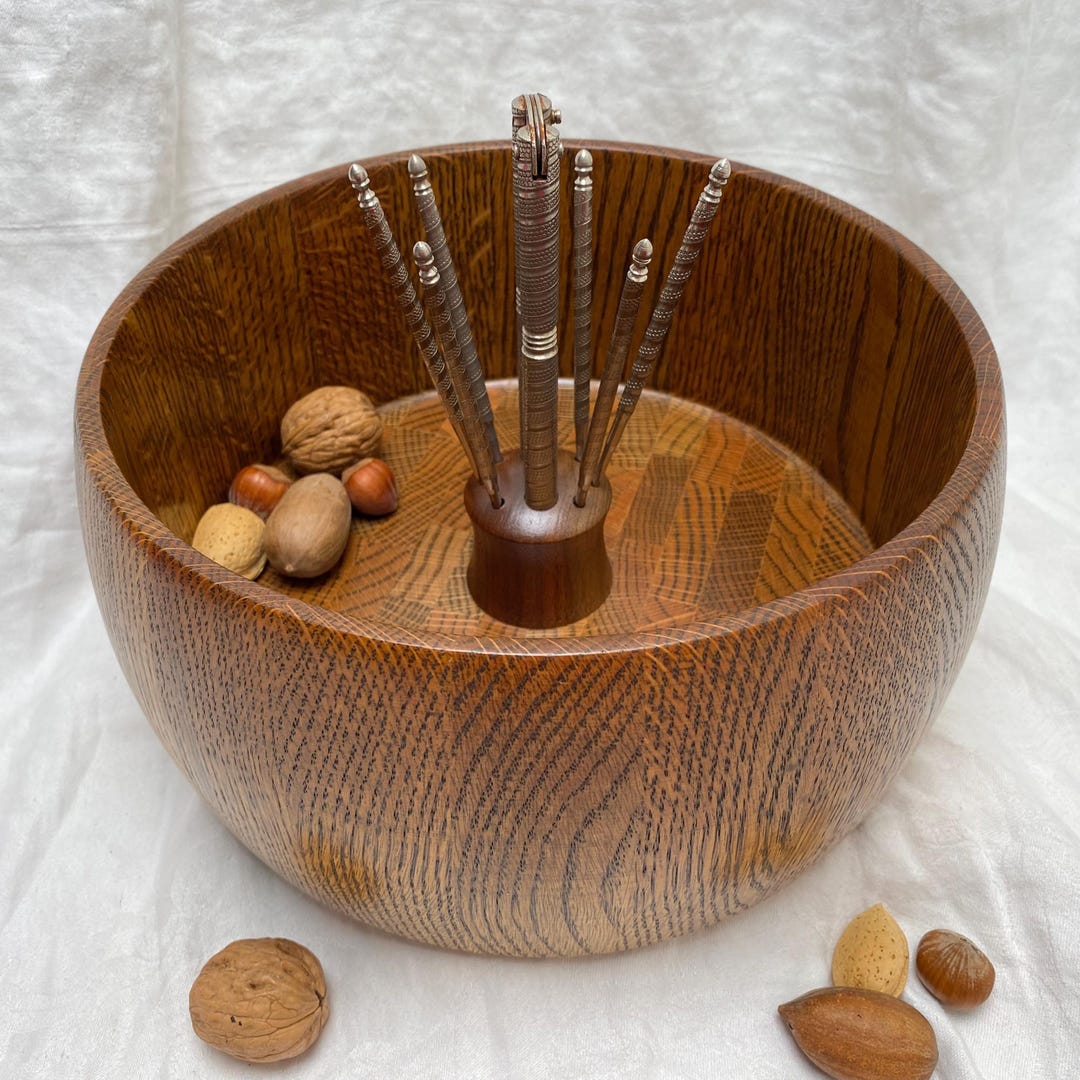 Rustic Oak Wood Nut Dish With Center Post for Tools, Includes HMQ ...