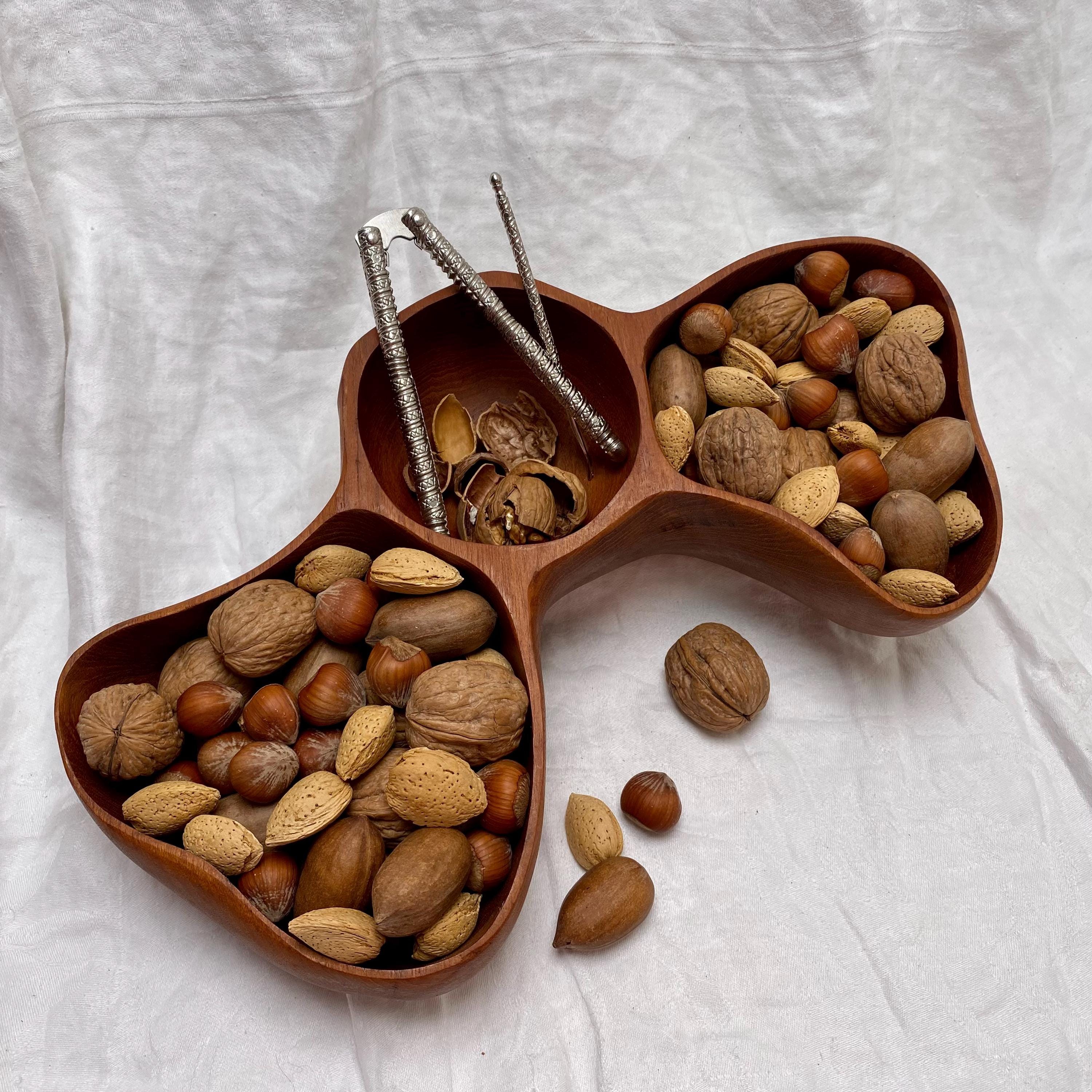 Nut Set, Mid Century 3 Section Wood Nut Bowl, Nutcracker, Nut Pick, and ...