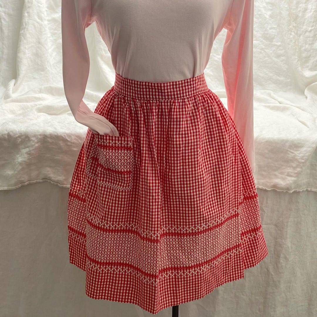 Vintage Red Gingham Apron With Chicken Scratch Embroidery, Hand Crafted ...