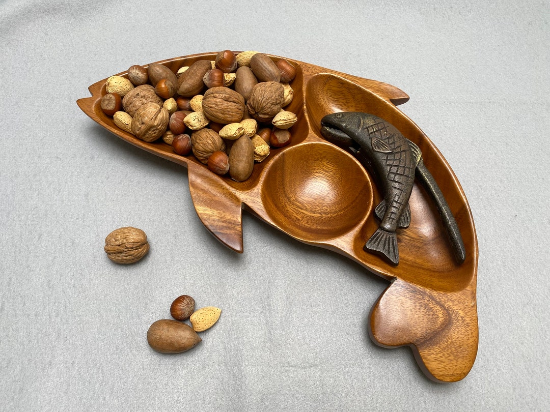 Fish Nut Dish and Fish Nutcracker, One of a Kind Monkey Pod Fish Nut ...