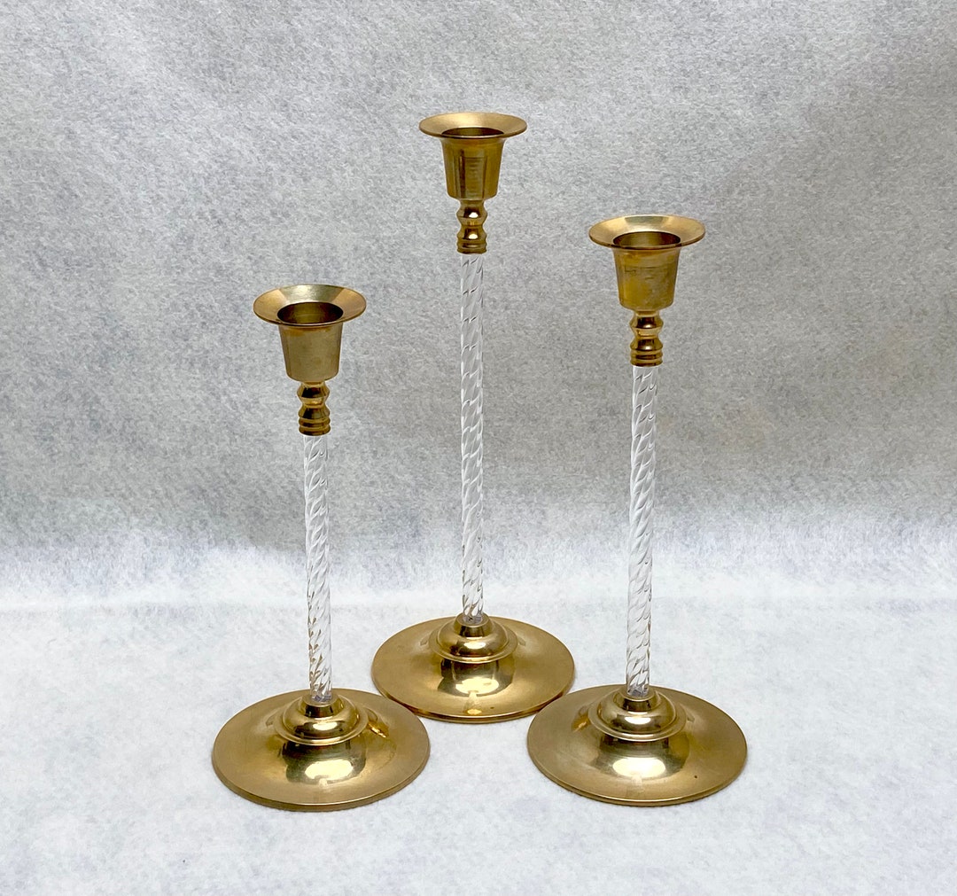 Graduated Trio of Brass and Twisted Glass Candlesticks for Taper ...