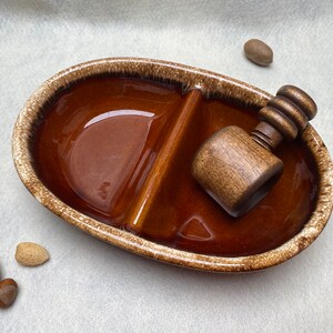 Nut Bowl Set With MCM Classic Hull Brown Drip Glaze Oval Bowl, Wooden ...