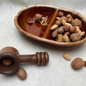 Nut Bowl Set With MCM Classic Hull Brown Drip Glaze Oval Bowl, Wooden ...