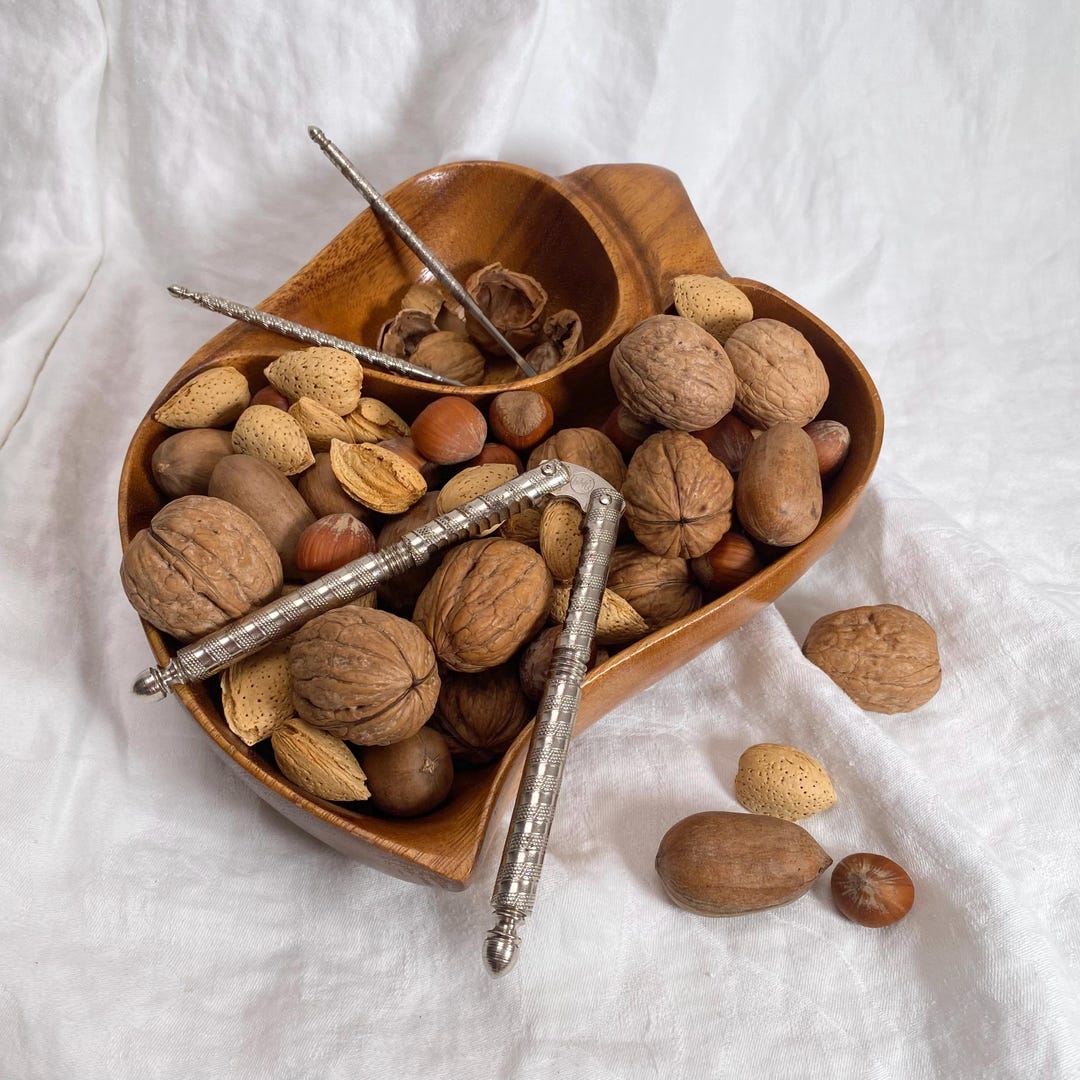 Mid Century Leaf Shaped Monkey Pod Wood Nut Dish With HMQ Nutcracker, 2 ...
