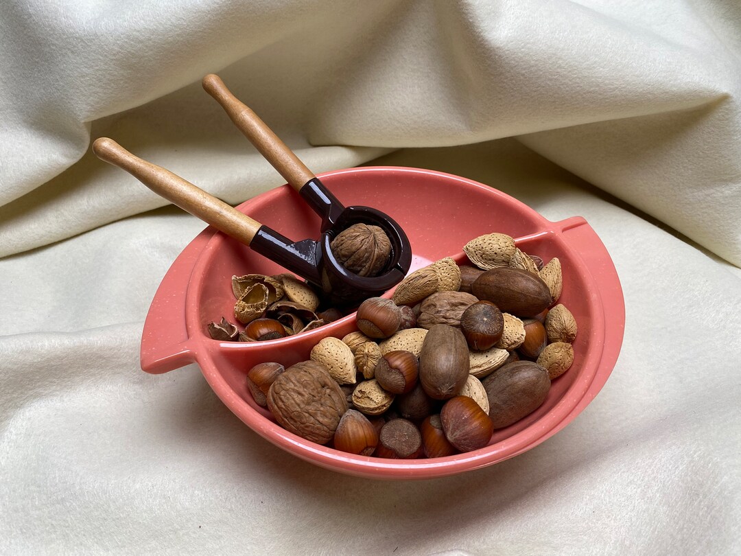 50's Coral Speckled Melamine Nut Bowl With Heavy Duty Nutcracker AND ...